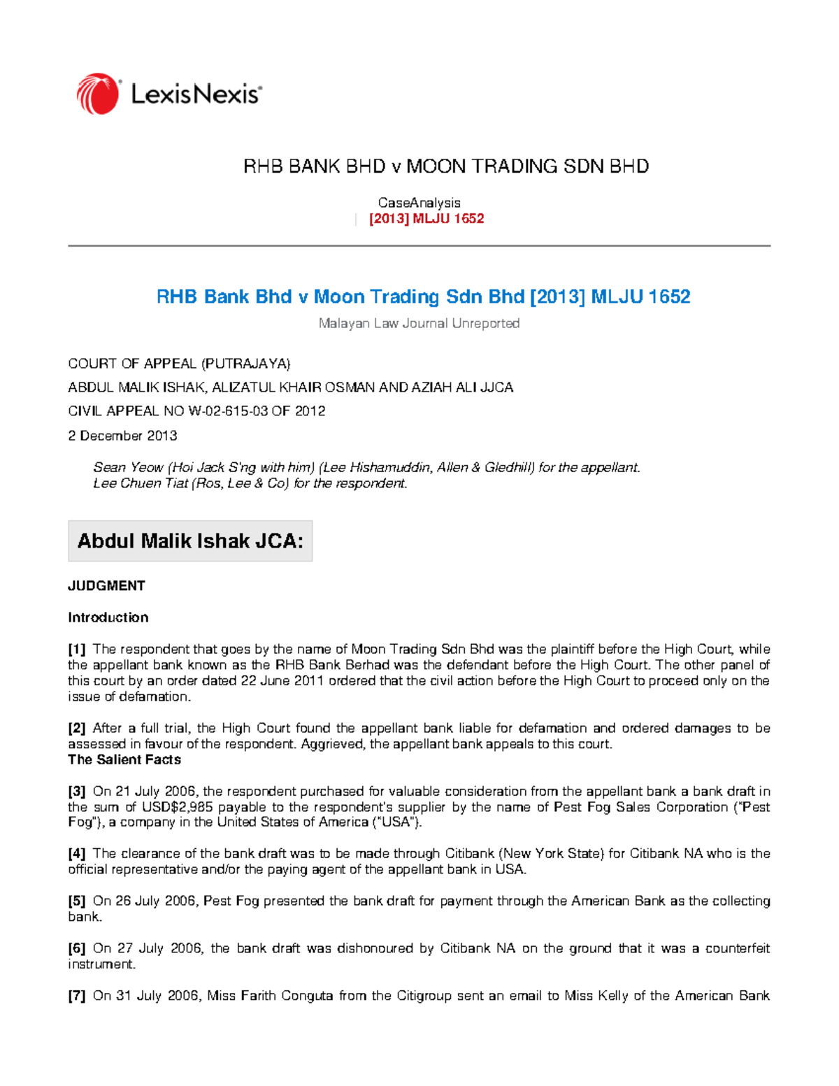 RHB Bank Bhd v Moon Trading Sdn Bhd Case Analysis MLJU 1652 (2013 ...