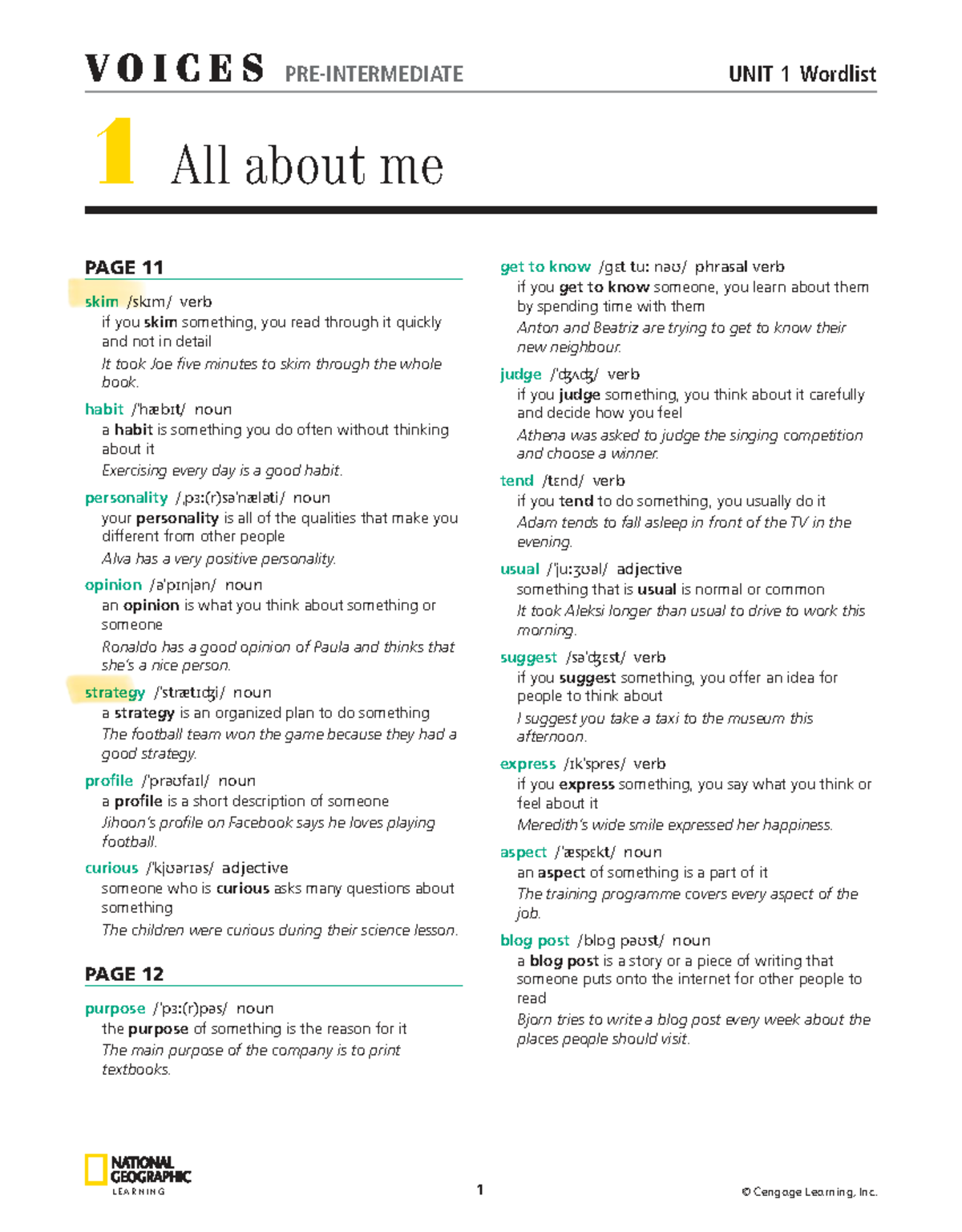 UNIT 1 Wordlist: All About Me - Vocabulary for ttg - Studocu