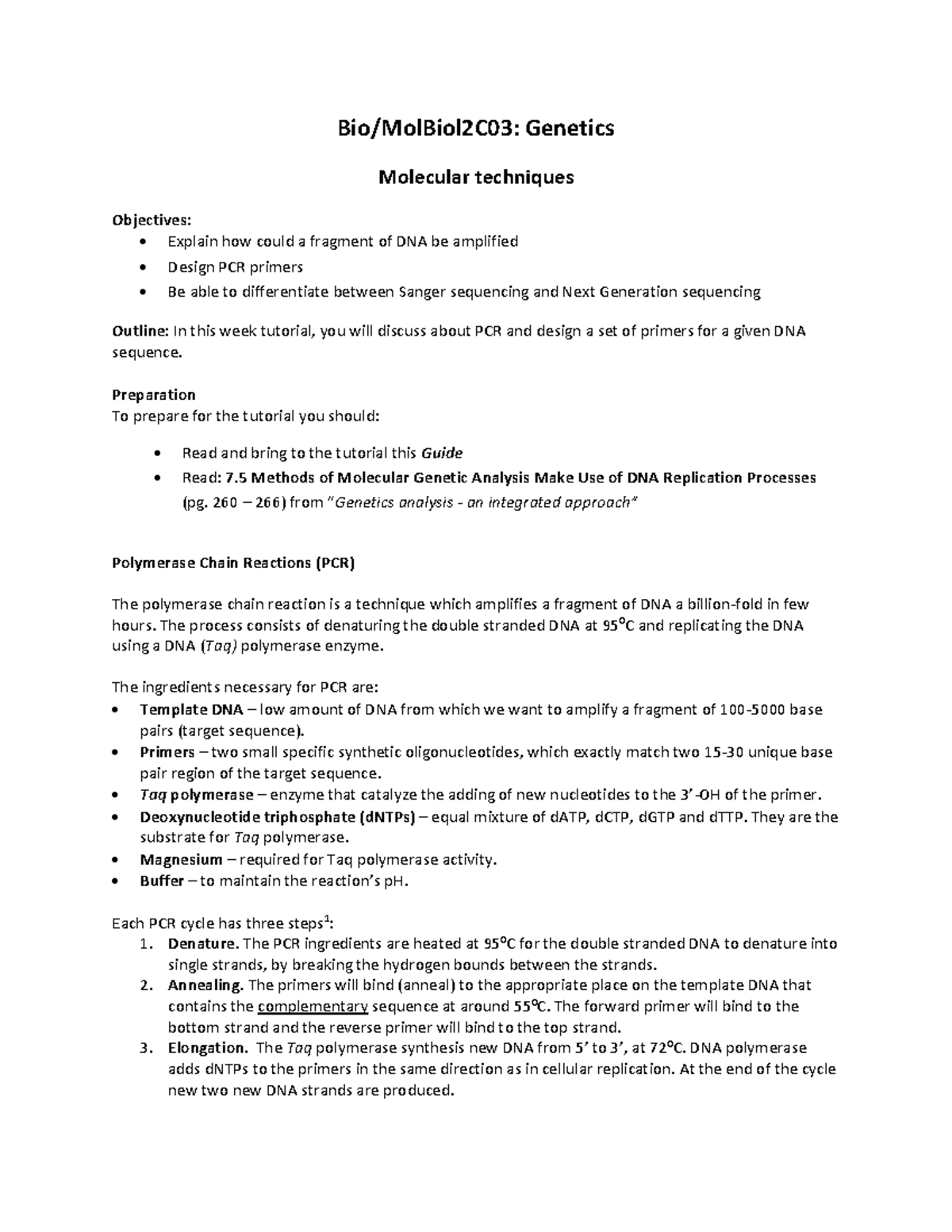 Molbiol Tutorial 4 - Molecular Techniques: PCR & Sequencing - Studocu