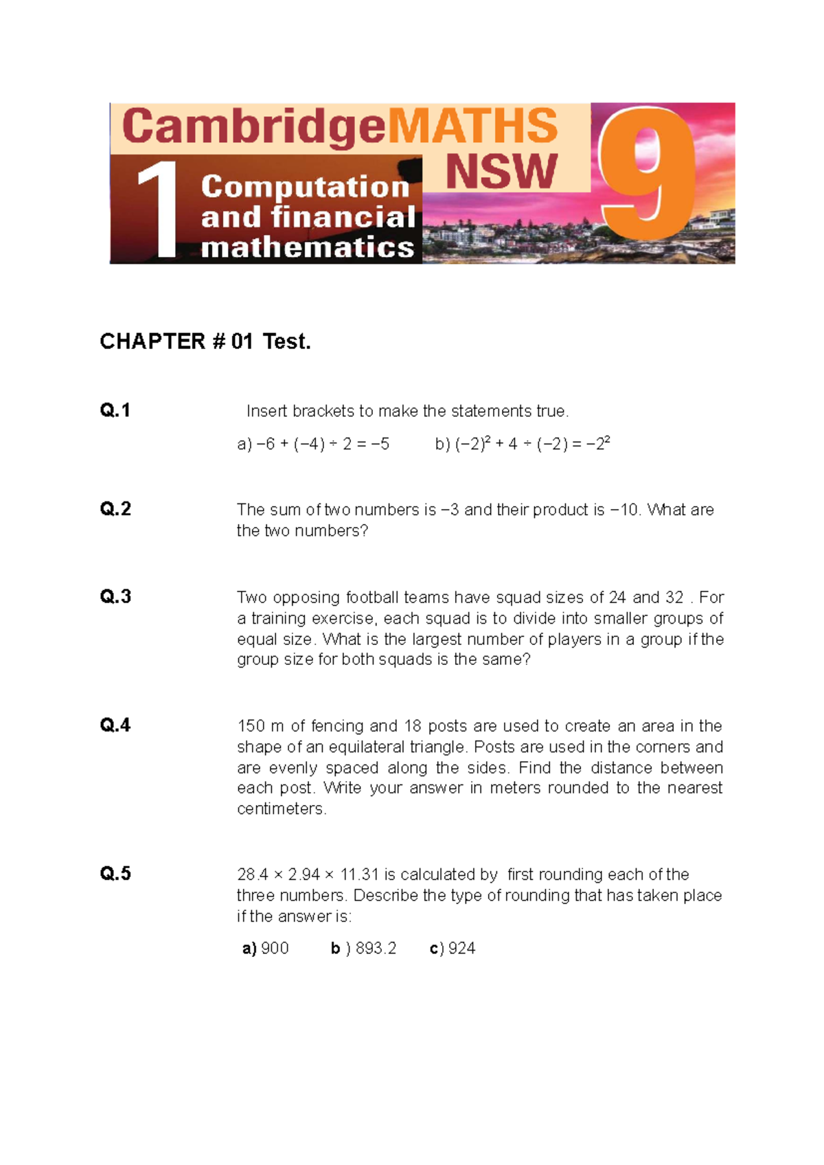 Y9 Cambridge Math Tests: Chapter 01 & 02 Test Questions - Studocu