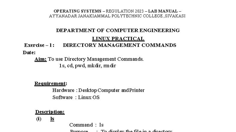 Operating Systems R2023 Lab Manual: Linux Practical Exercises - Studocu