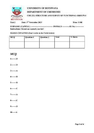 CHE 232 Test 2 2022-Marking Key - UNIVERSITY OF BOTSWANA DEPARTMENT OF ...