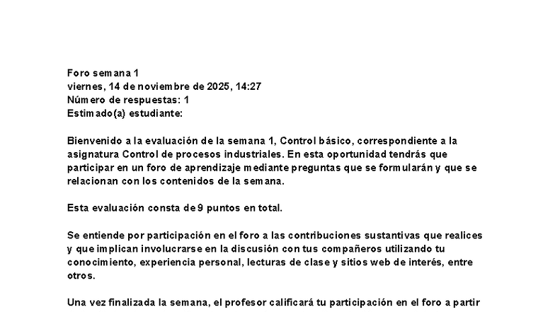Foro 1: Evaluación de Control de Procesos Industriales - Studocu