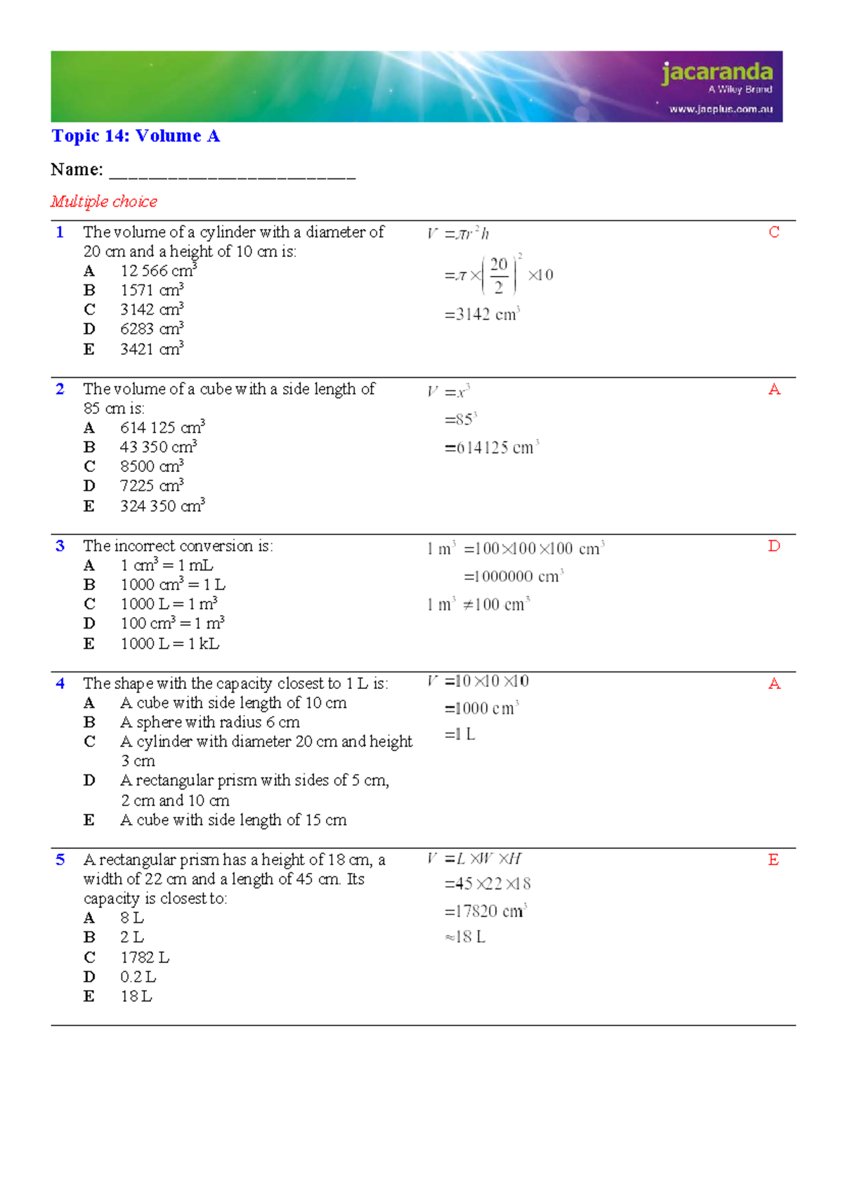 Chapter 14 Test A Solutions: Volume Calculations and Concepts - Studocu