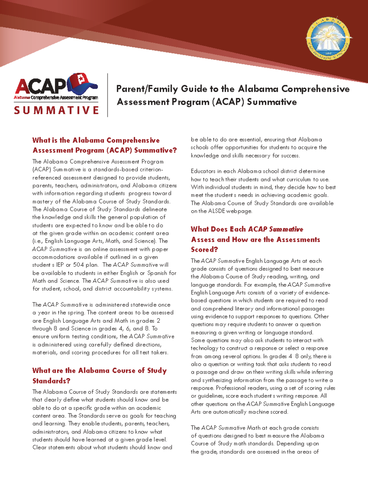 ACAP Summative Parent Guide: Understanding the Assessment Program - Studocu