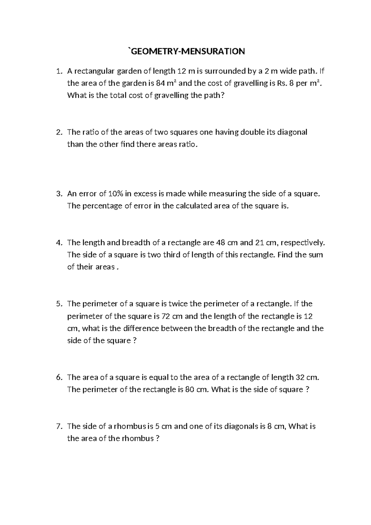 Mensuration Problems and Solutions (Course Code: MATH101) - Studocu