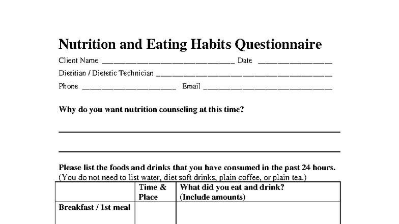 Nutrition and Eating Habits Questionnaire for Dietetic Counseling - Studocu