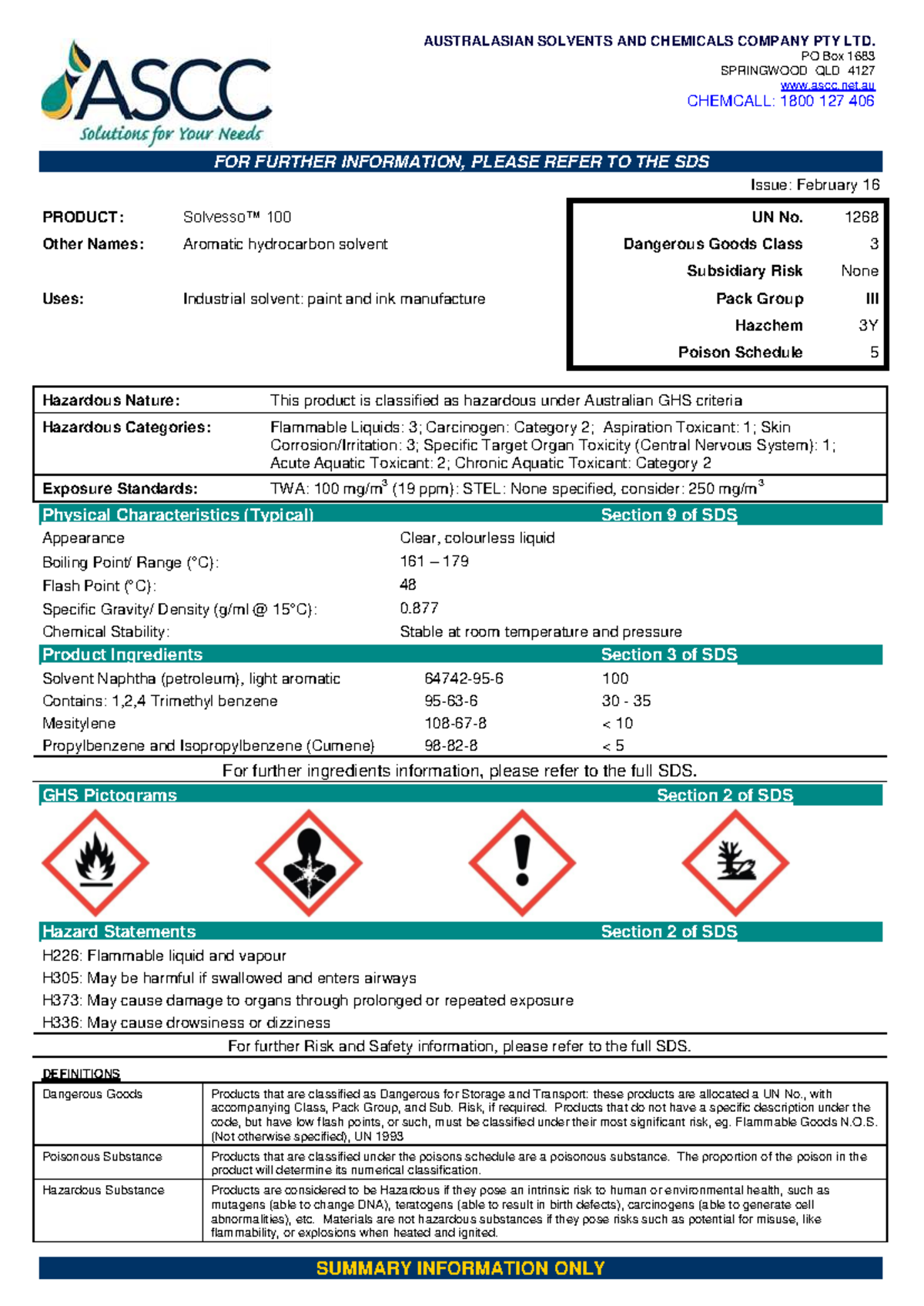 Safety Data Sheet (SDS) for Solvesso 100 - Industrial Solvent - Studocu