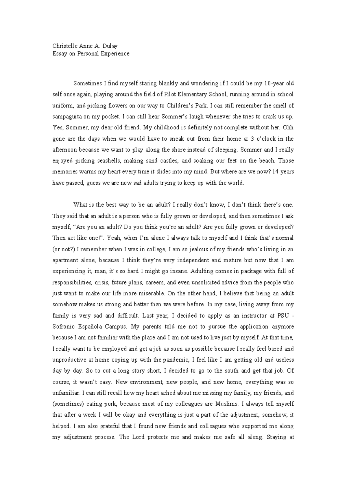 PSU Personal Experience Essay by Christelle A. Dulay - Studocu