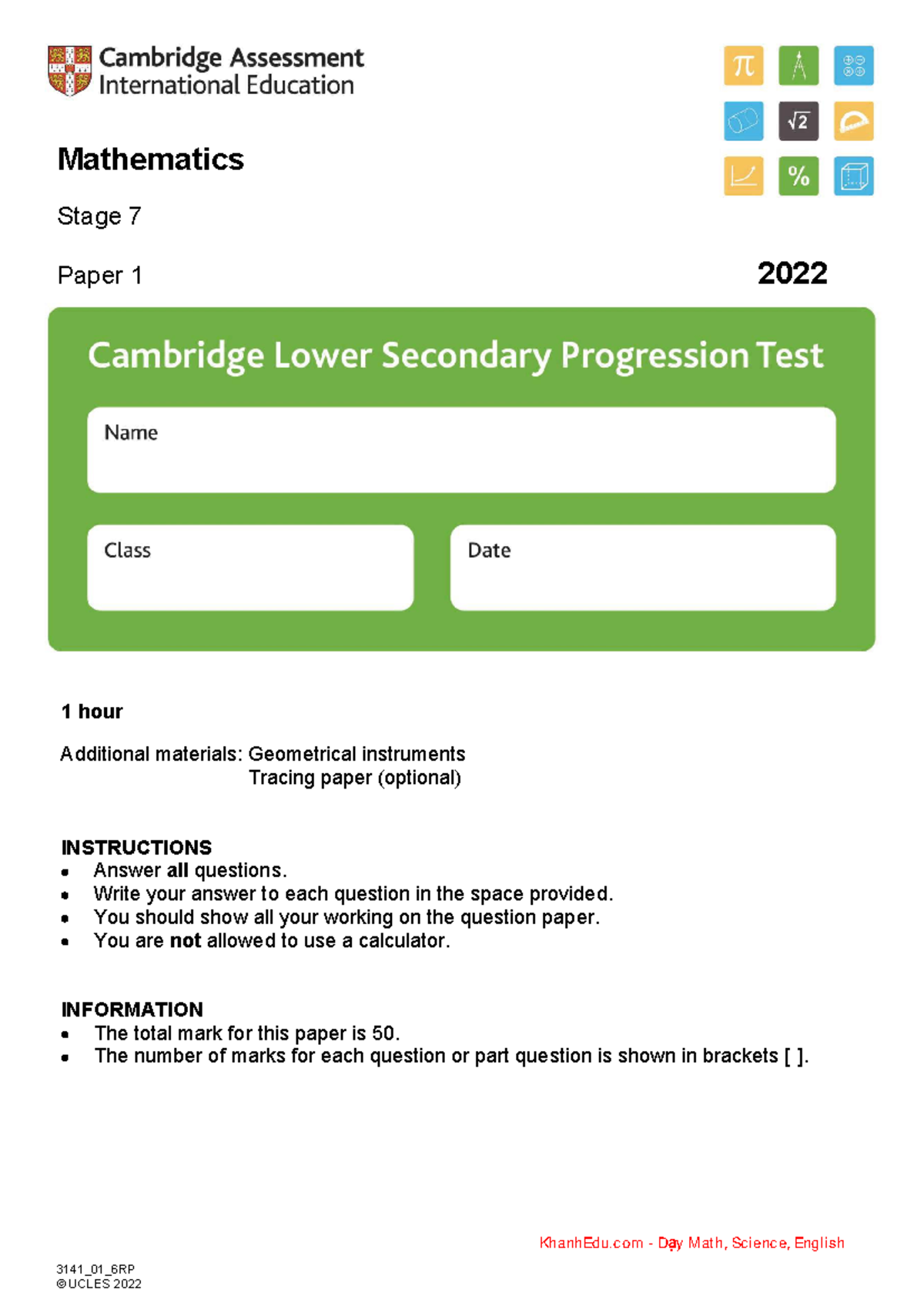 Mathematics Stage 7 Progression Test 2022 Paper 1 - Studocu