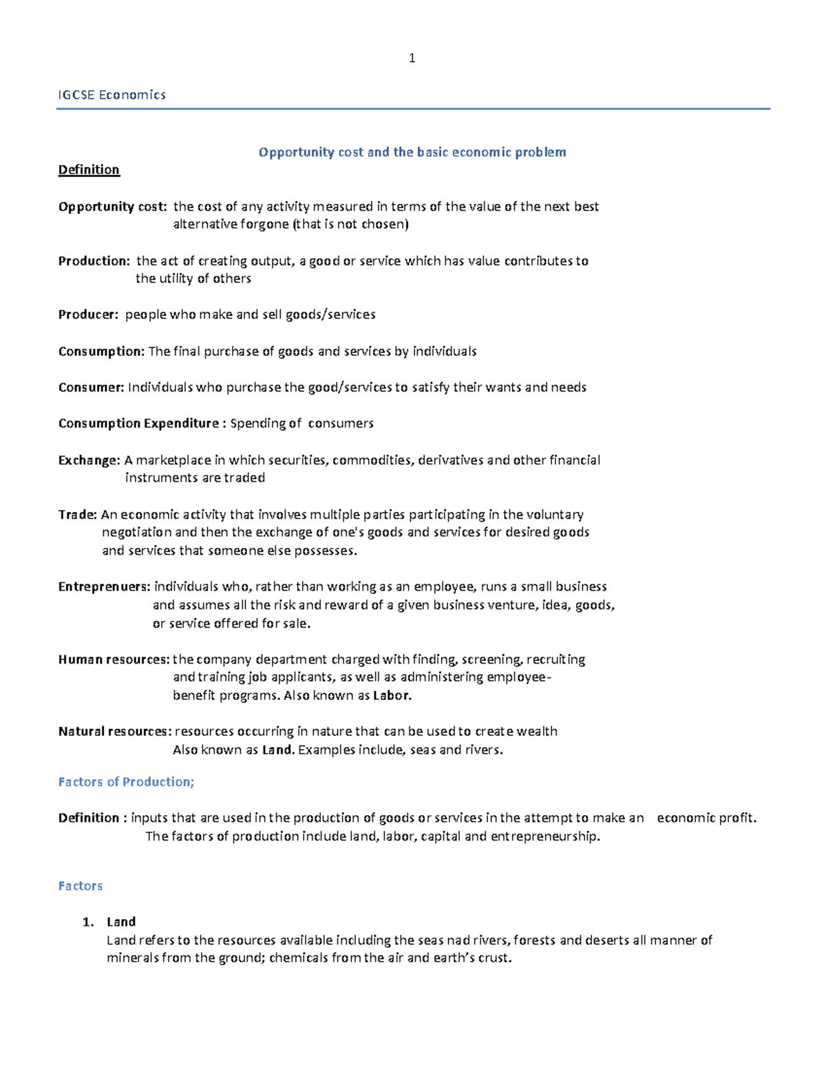 (I)GCSE Economics revision notes - IGCSE Economics Opportunity cost and ...