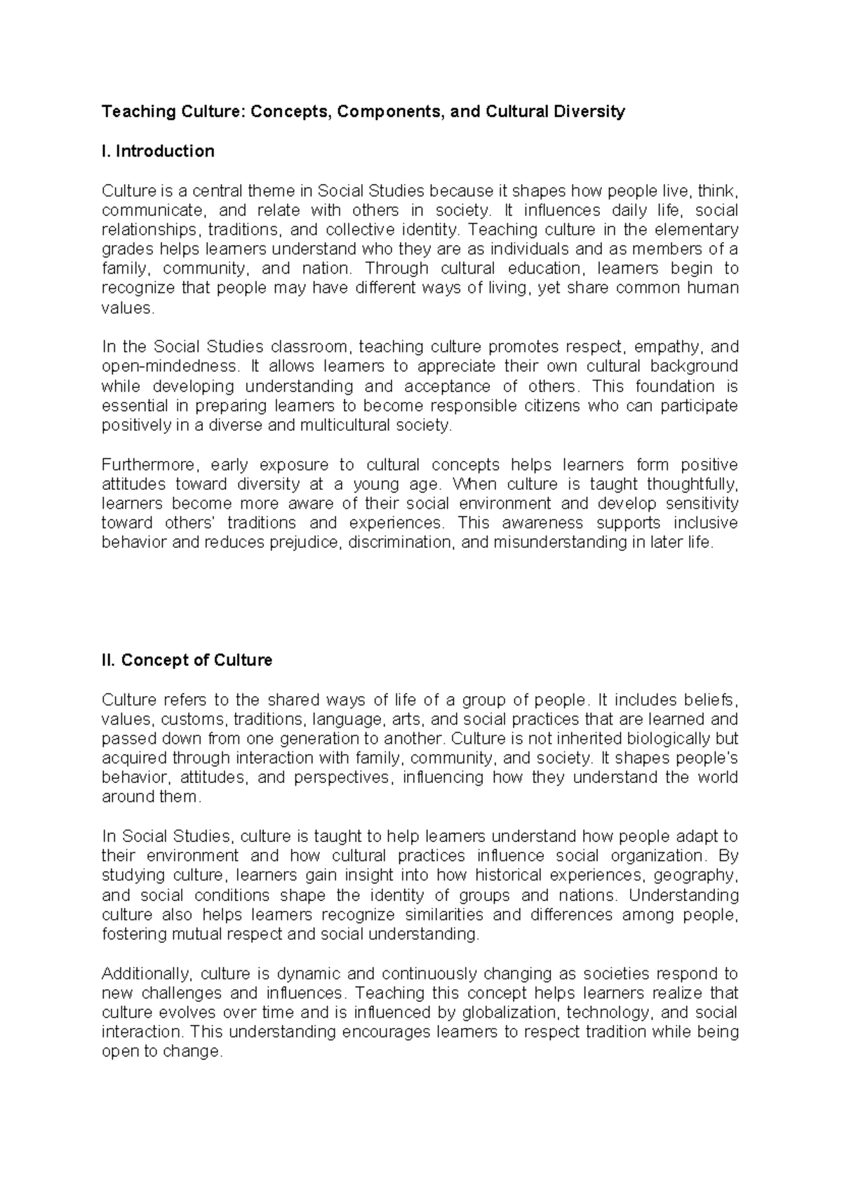 Teaching Culture in Social Studies: Concepts & Diversity (Topic 3 ...