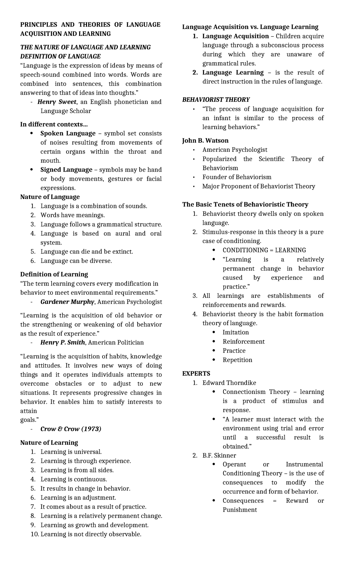 Theories of Language Acquisition and Learning (ENG 101) - Studocu