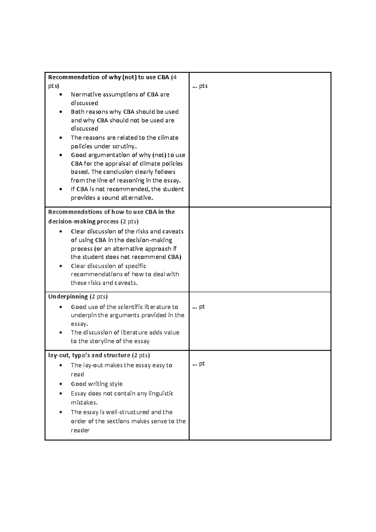 CBA Assessment for Climate Policies: Grading Scheme and Recommendations ...