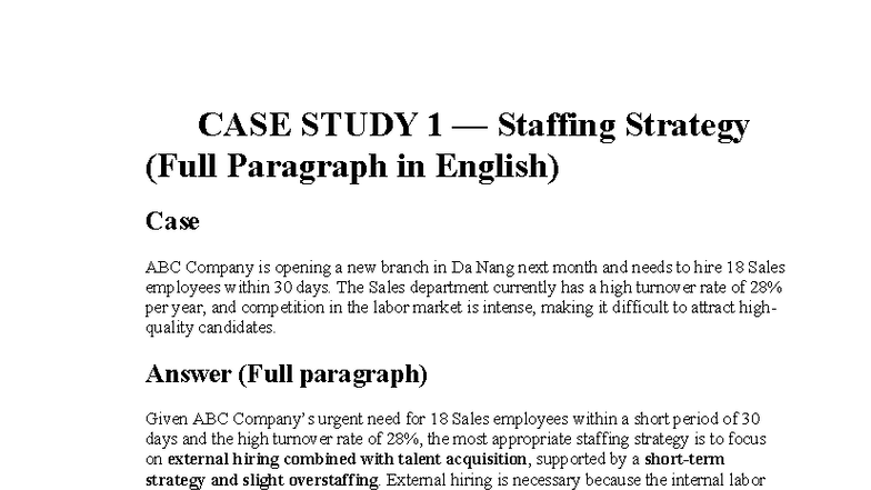CASE STUDY 1: Staffing Strategy for ABC Company Expansion - Studocu