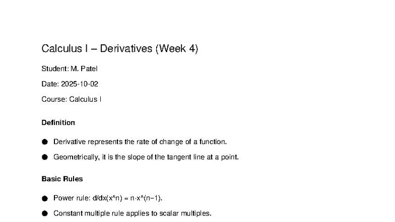 Student Notes Calculus Derivatives - Calculus I – Derivatives (Week 4 ...