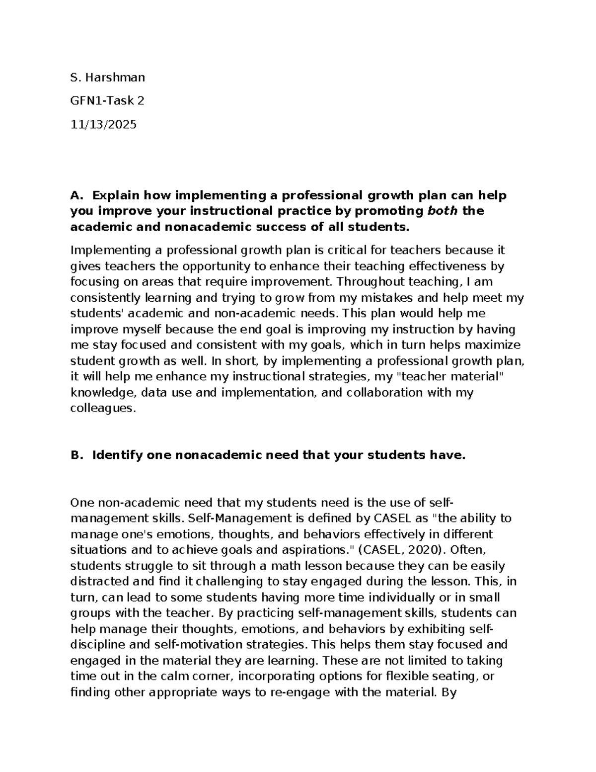 GFN1-Task 2: Professional Growth Plan for Enhancing Instructional ...