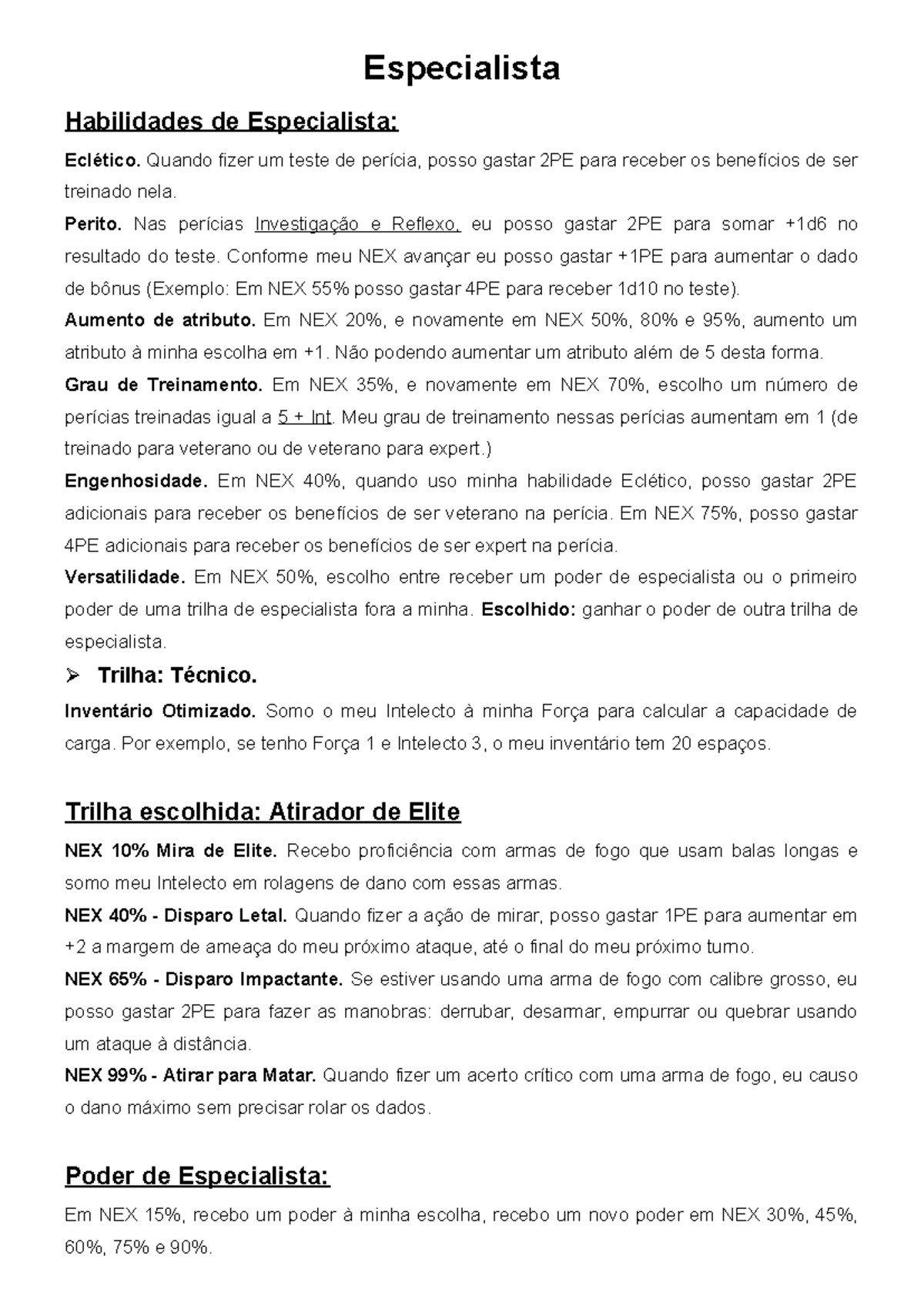 Especialista em Ordem Paranormal: Habilidades e Poderes (NEX) - Studocu