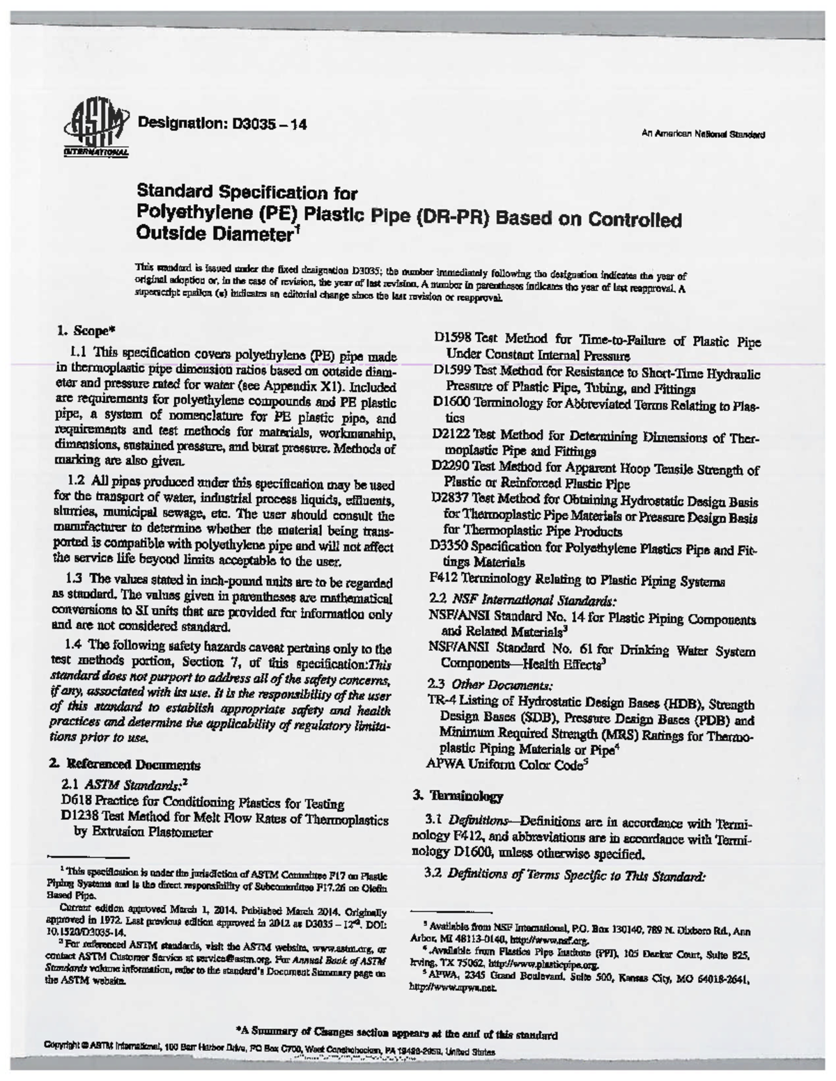 ASTM D3035 14 - Standard Specification for PE Plastic Pipe - Studocu