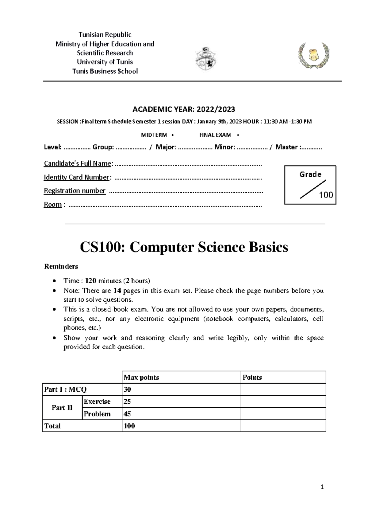 CS100 Final Exam: Midterm Schedule & Instructions - Studocu
