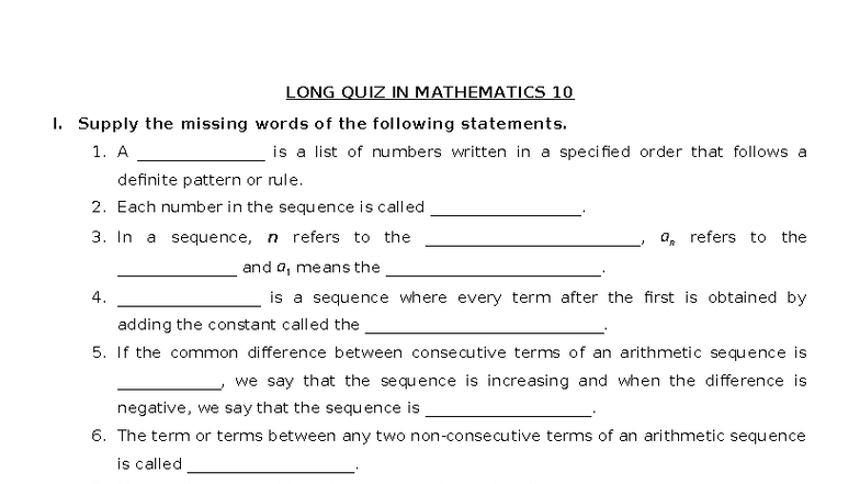 Long Quiz in Math 10: Arithmetic Sequences & Series - Studocu
