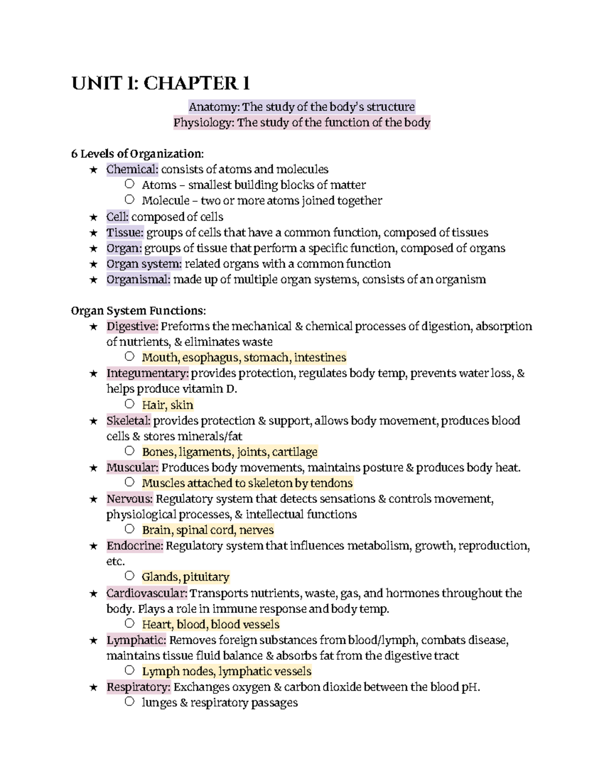 UNIT 1: CHAPTER 1 Anatomy & Physiology Overview Notes - Studocu