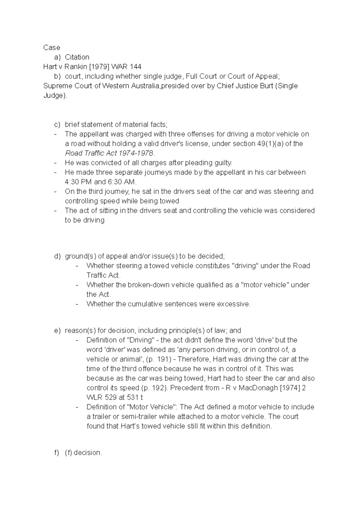 Case Study: Hart v Rankin WAR 144 - Driving Offenses Analysis - Studocu