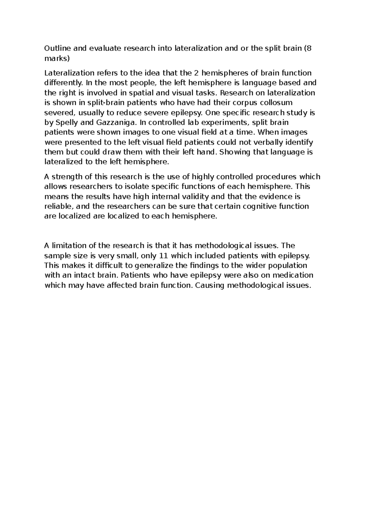 Outline and Evaluate Research on Lateralization & Split Brain (8 Marks ...