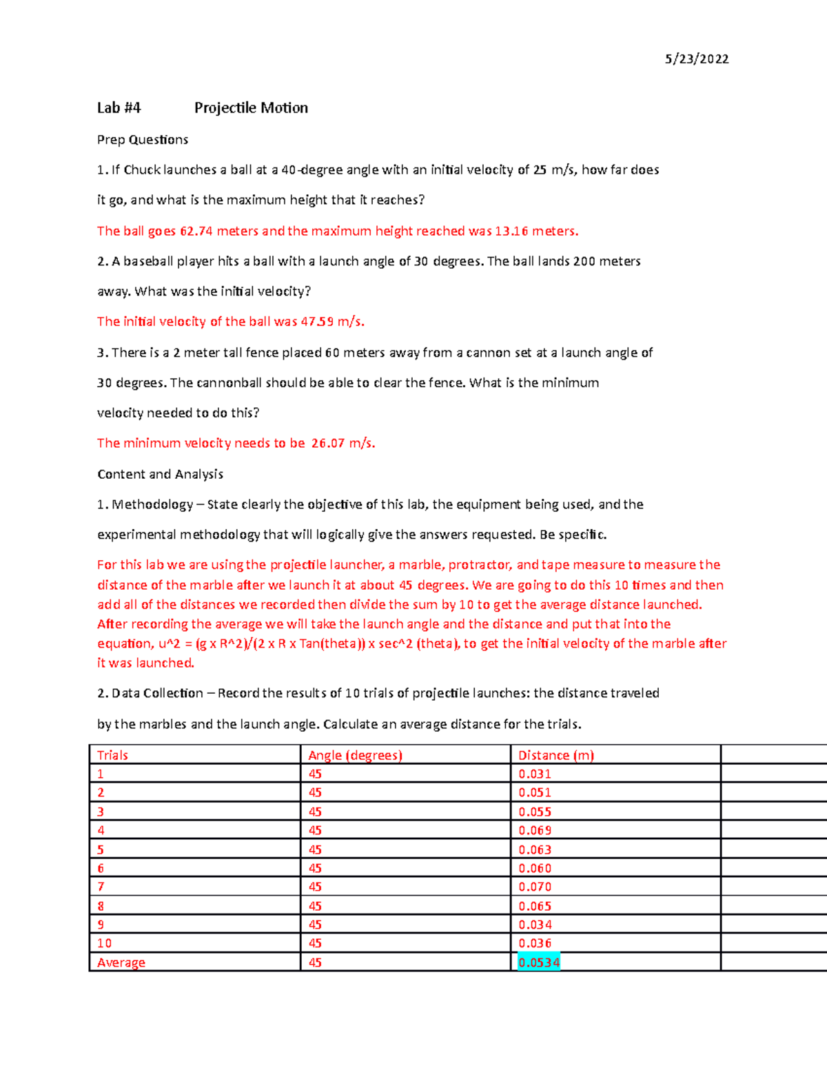 Lab 4 - Lab 1 - 5/23/ Lab #4 Projectile Motion Prep Questions If Chuck ...