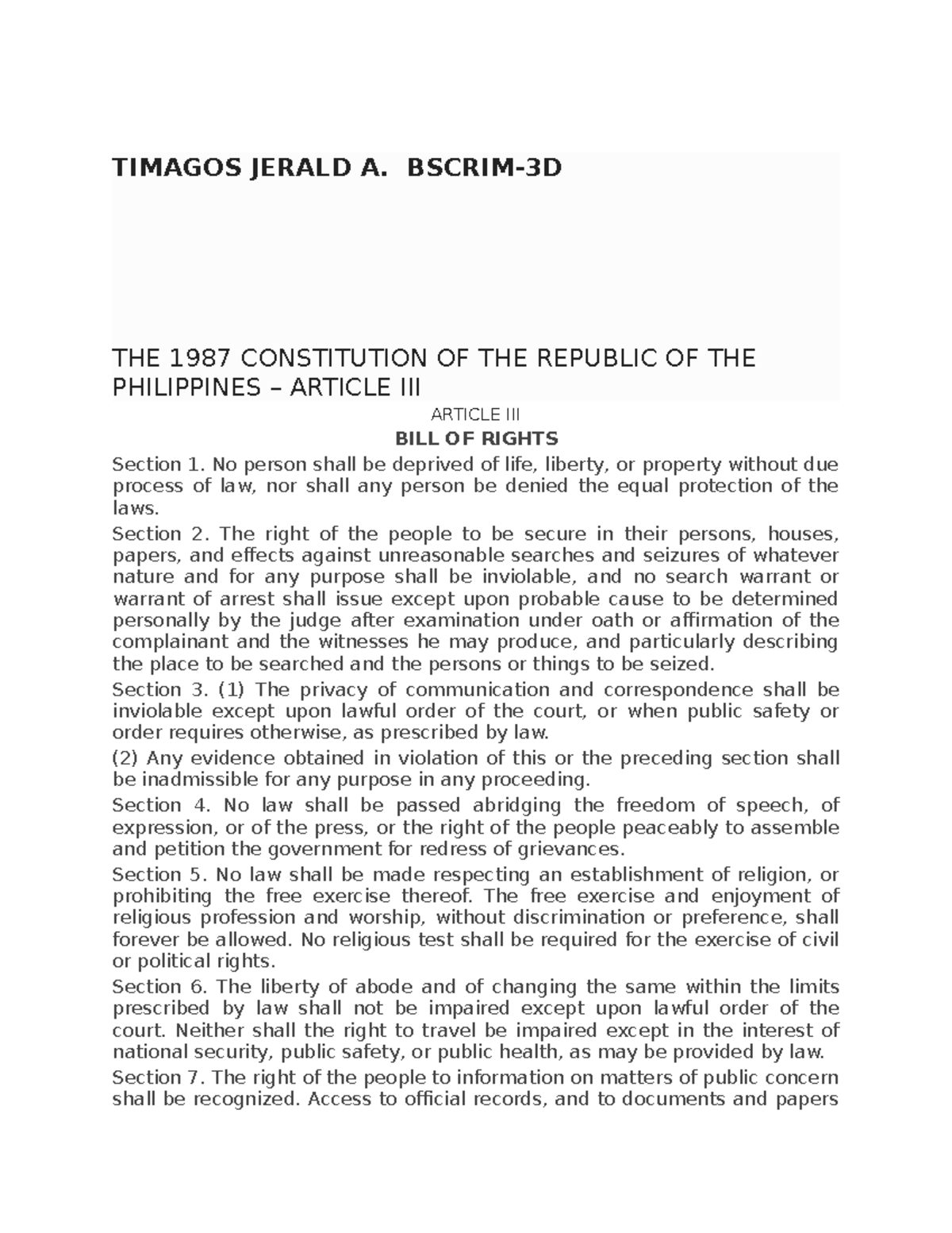 BSCRIM-3D: Memorization Guide to the Bill of Rights (1987 Constitution ...