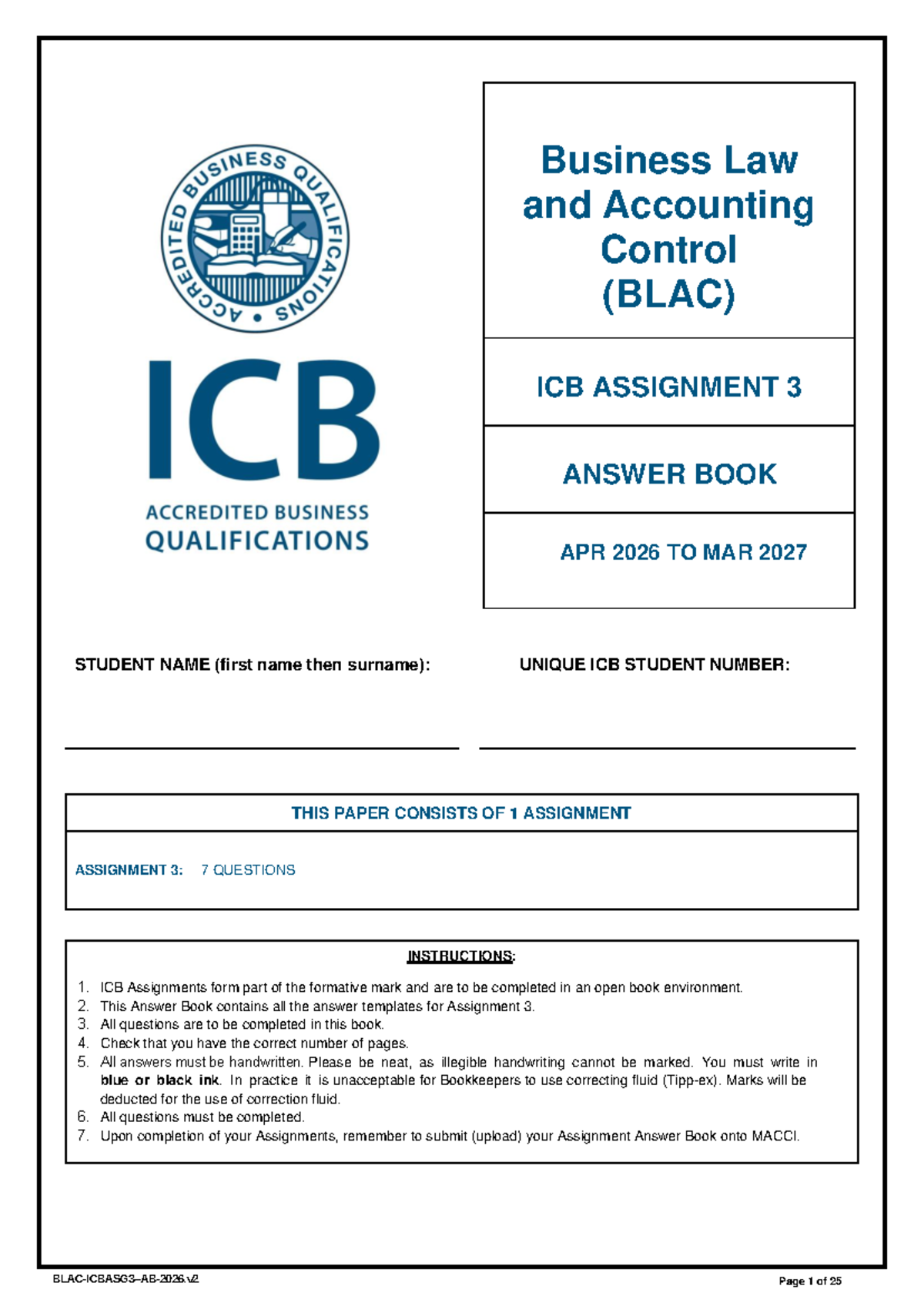 BLAC ICB Assignment 3 Answer Book: Apr 2026 - Mar 2027 - Studocu
