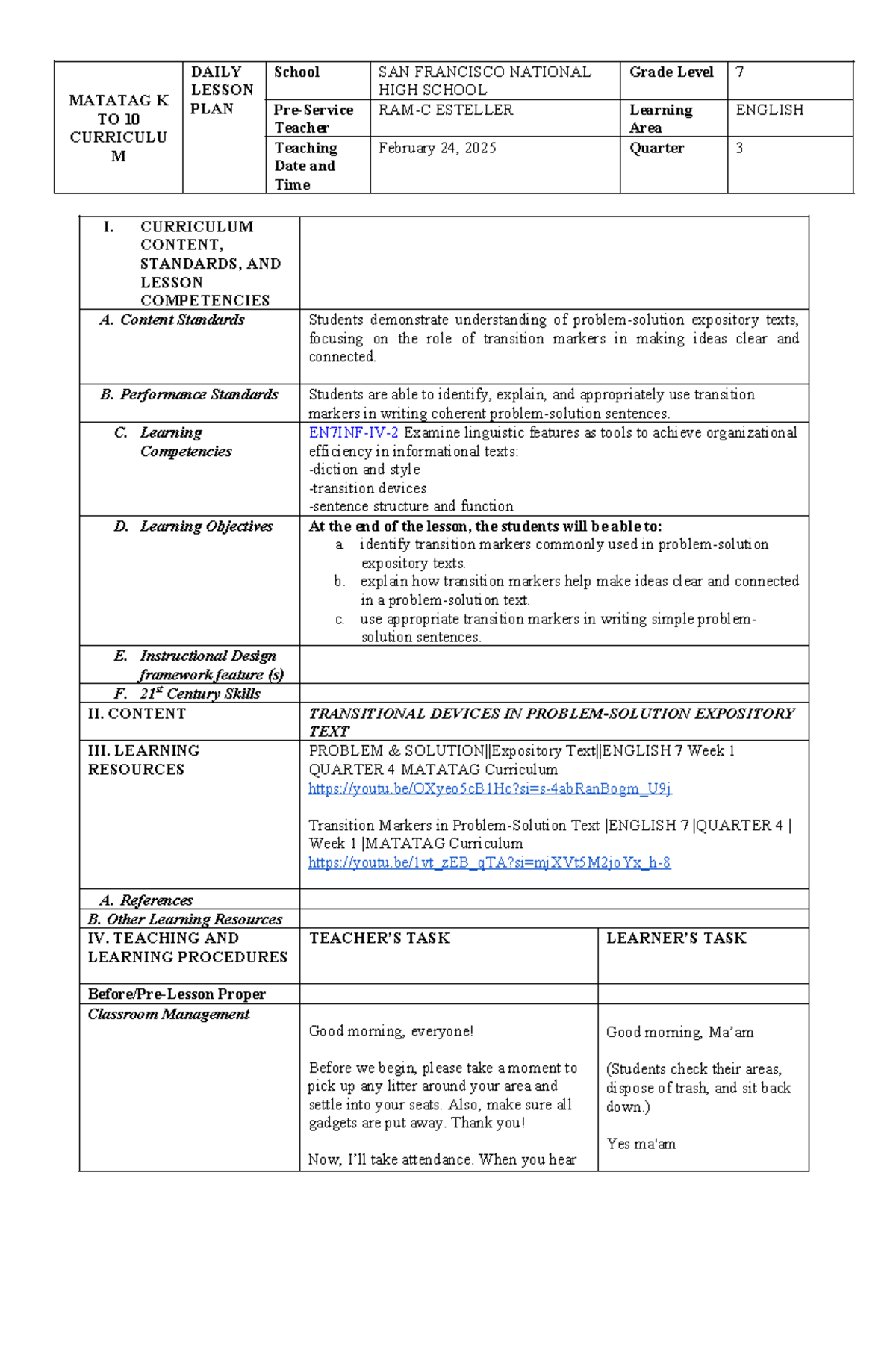 LP Transitional Devices: Grade 7 English Lesson Plan on Expository Texts - Studocu