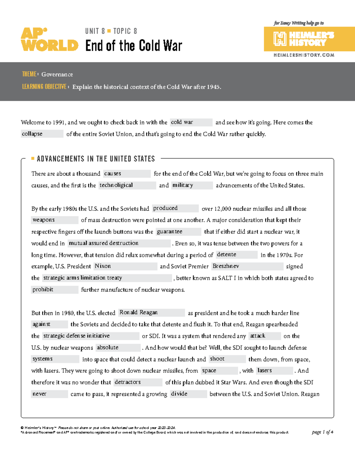 Heimler AP World Unit 8 Topic 8: End of the Cold War Overview - Studocu
