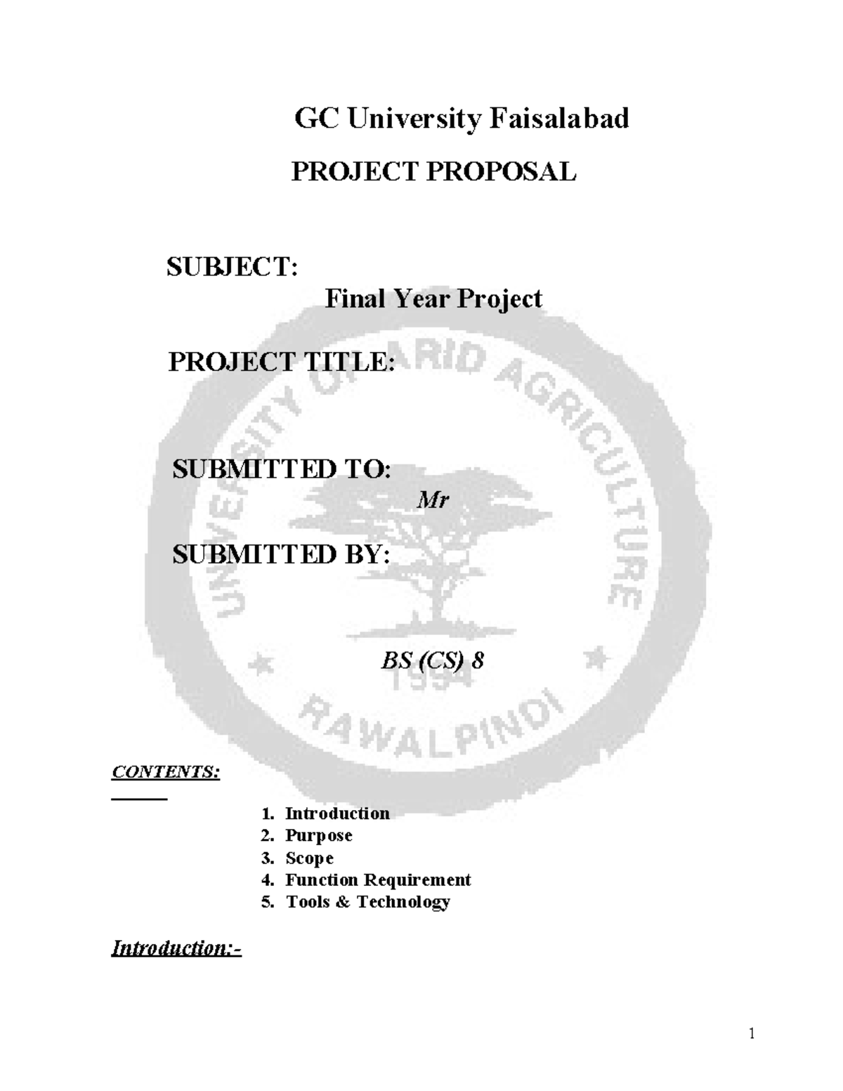 Final Year Project Proposal - bscs - GC University Faisalabad PROJECT PROPOSAL SUBJECT: Final ...