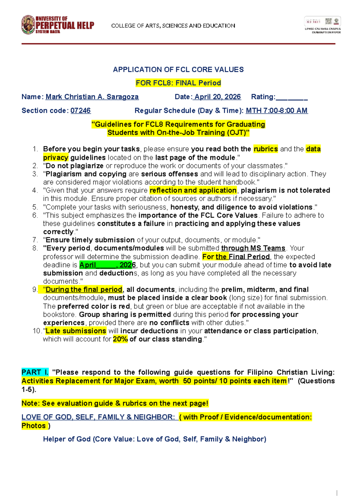 FCL8: Final Period Reflection on Core Values and Gratitude - Studocu