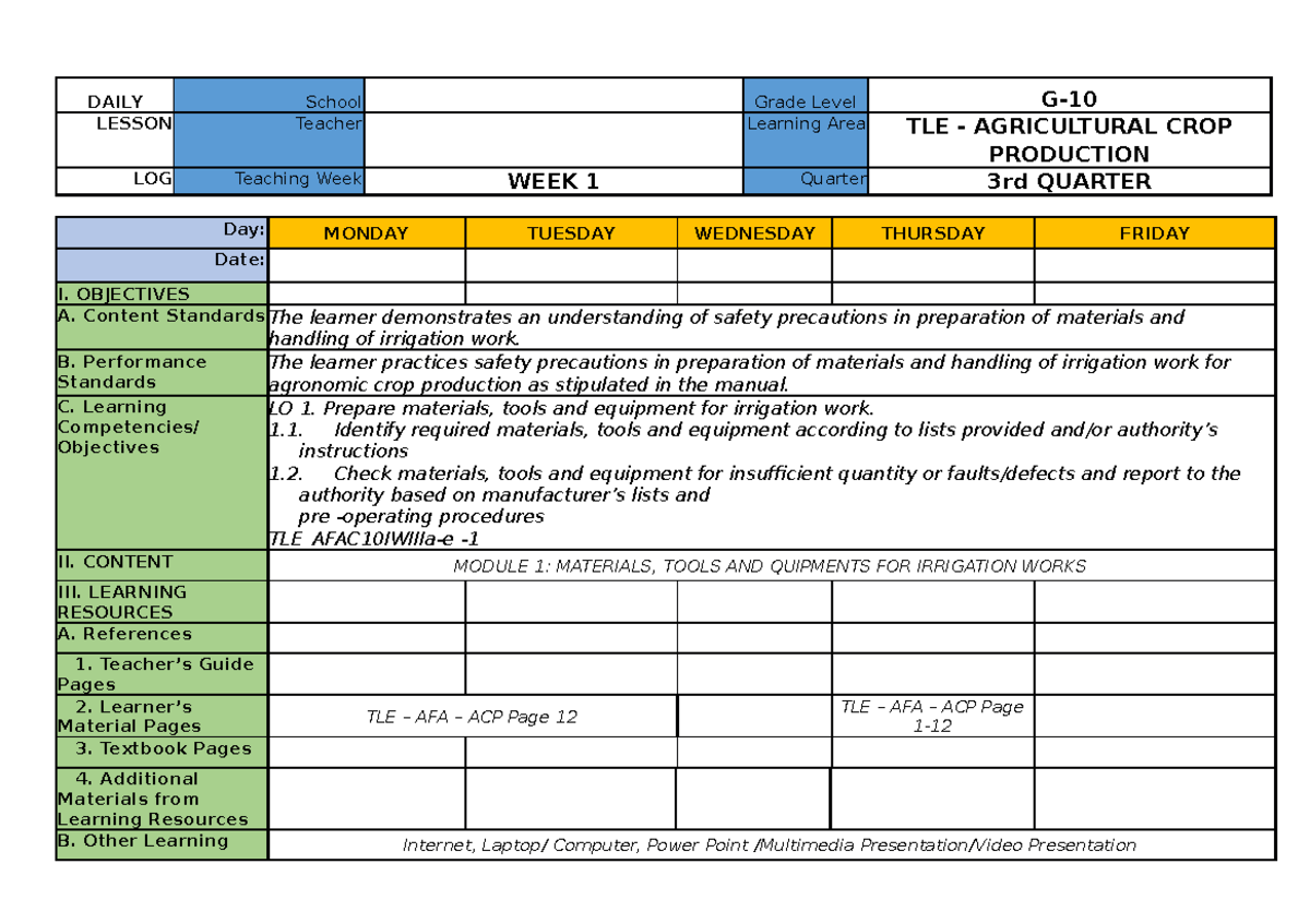 Week 1 Daily Lesson Log - Agricultural Crop Production G10 Q3 - Studocu