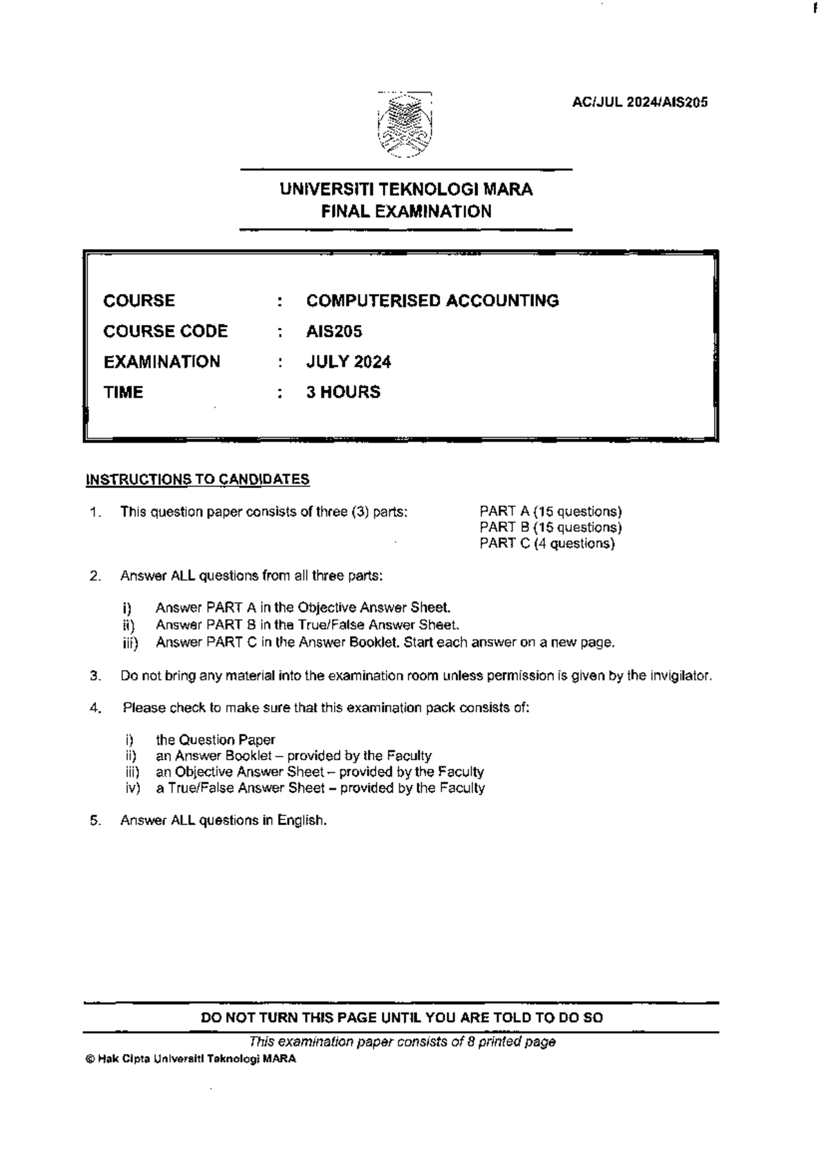 AIS205 FINAL EXAMINATION JULY 2024 - COMPUTERIZED ACCOUNTING - Studocu