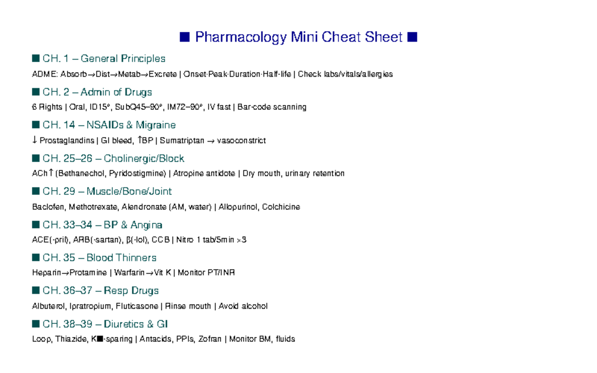 Pharmacology Notecard Cheat Sheet - n Pharmacology Mini Cheat Sheet n n ...