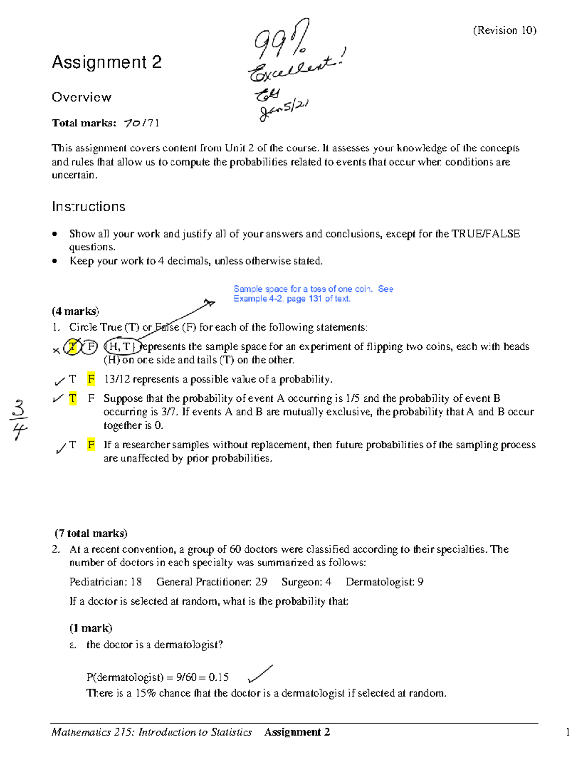 MATH 215 Assignment 2 marked - (Revision 10) Assignment 2 Overview Total marks: / 71 This ...