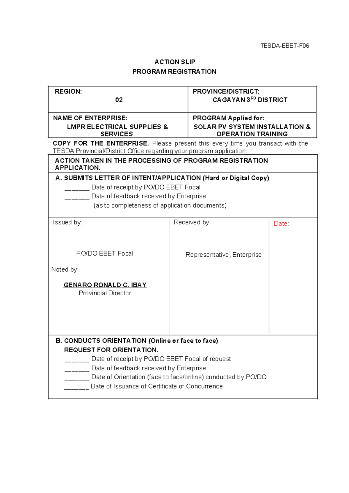 TESDA Program Registration Action Slip - CTPR for LMPR Electrical ...