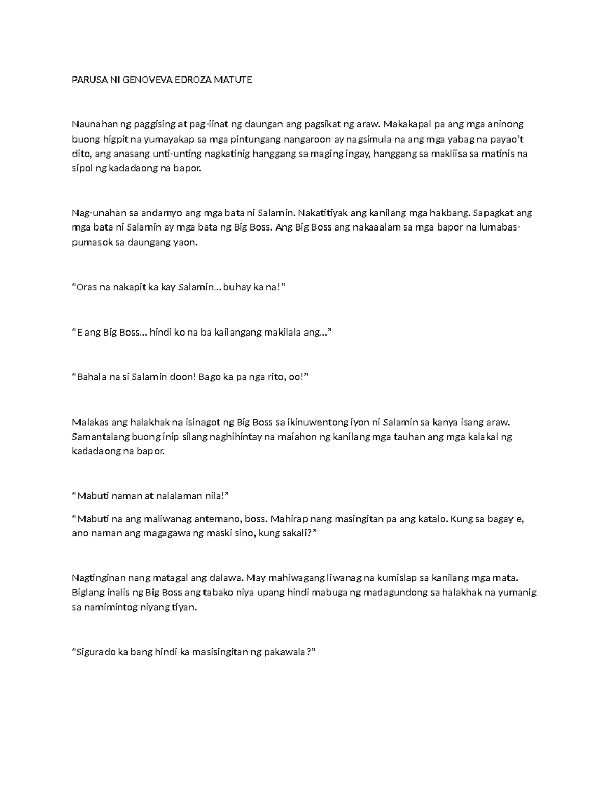 Parusa ni Genoveva: Isang Pagsusuri sa Akdang Edroza Matute - Studocu