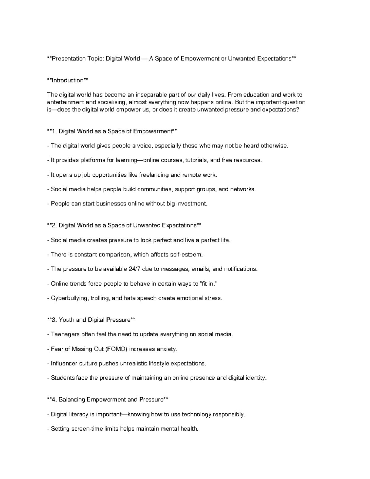 Digital World Presentation: Empowerment vs. Unwanted Pressure - Studocu