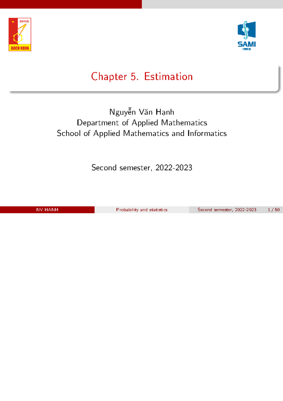 Chapter 5: Estimation in Probability and Statistics (NV HANH) - Studocu