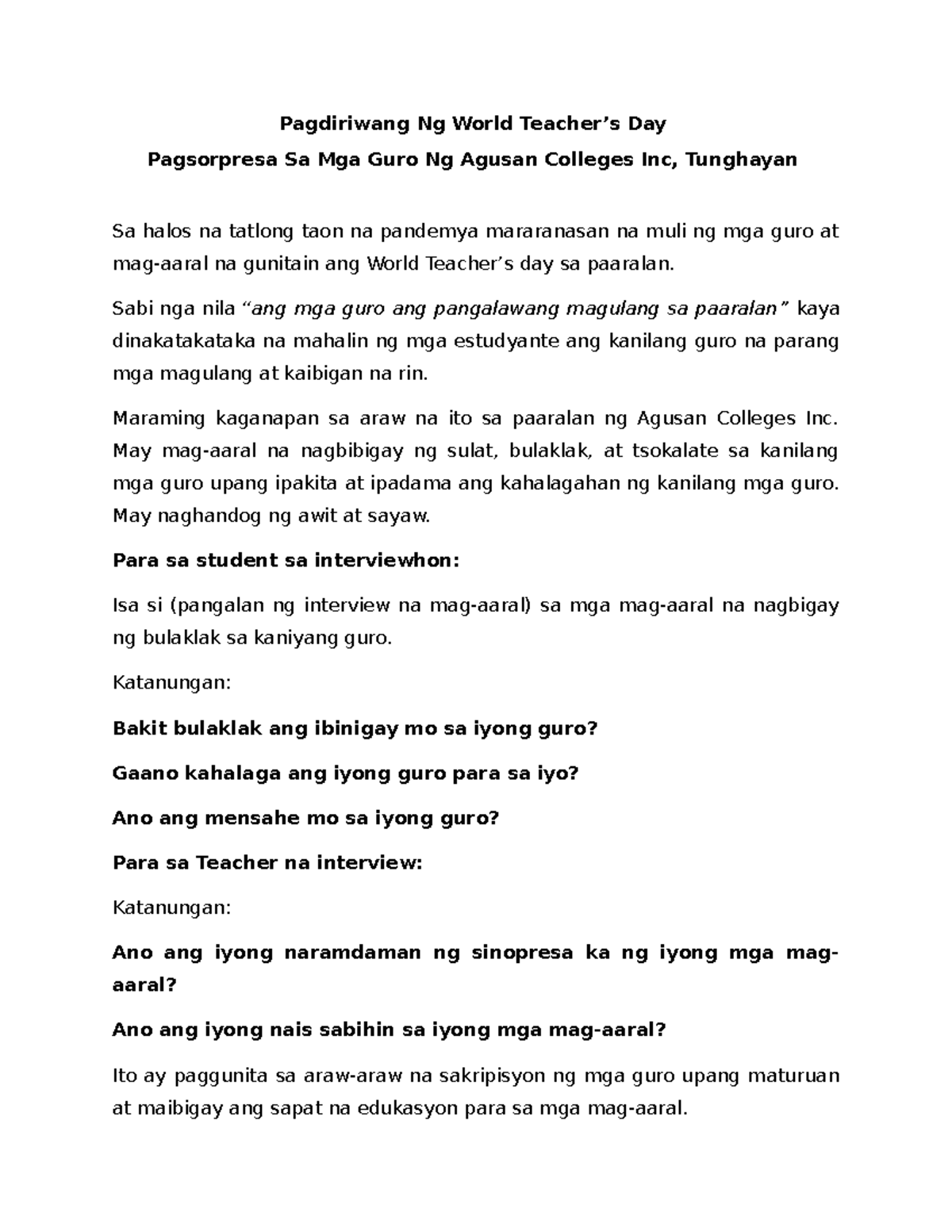 Pagdiriwang ng World Teacher's Day sa Agusan Colleges Inc. - Studocu