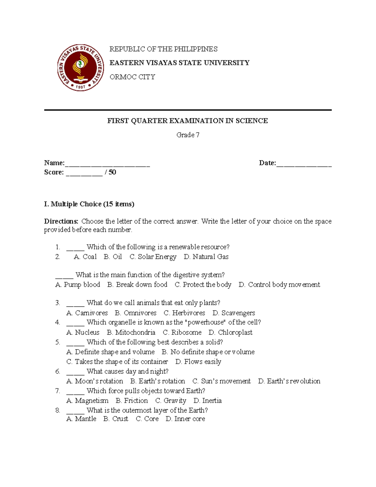Grade 7 Science First Quarter Exam Questionnaire - Studocu