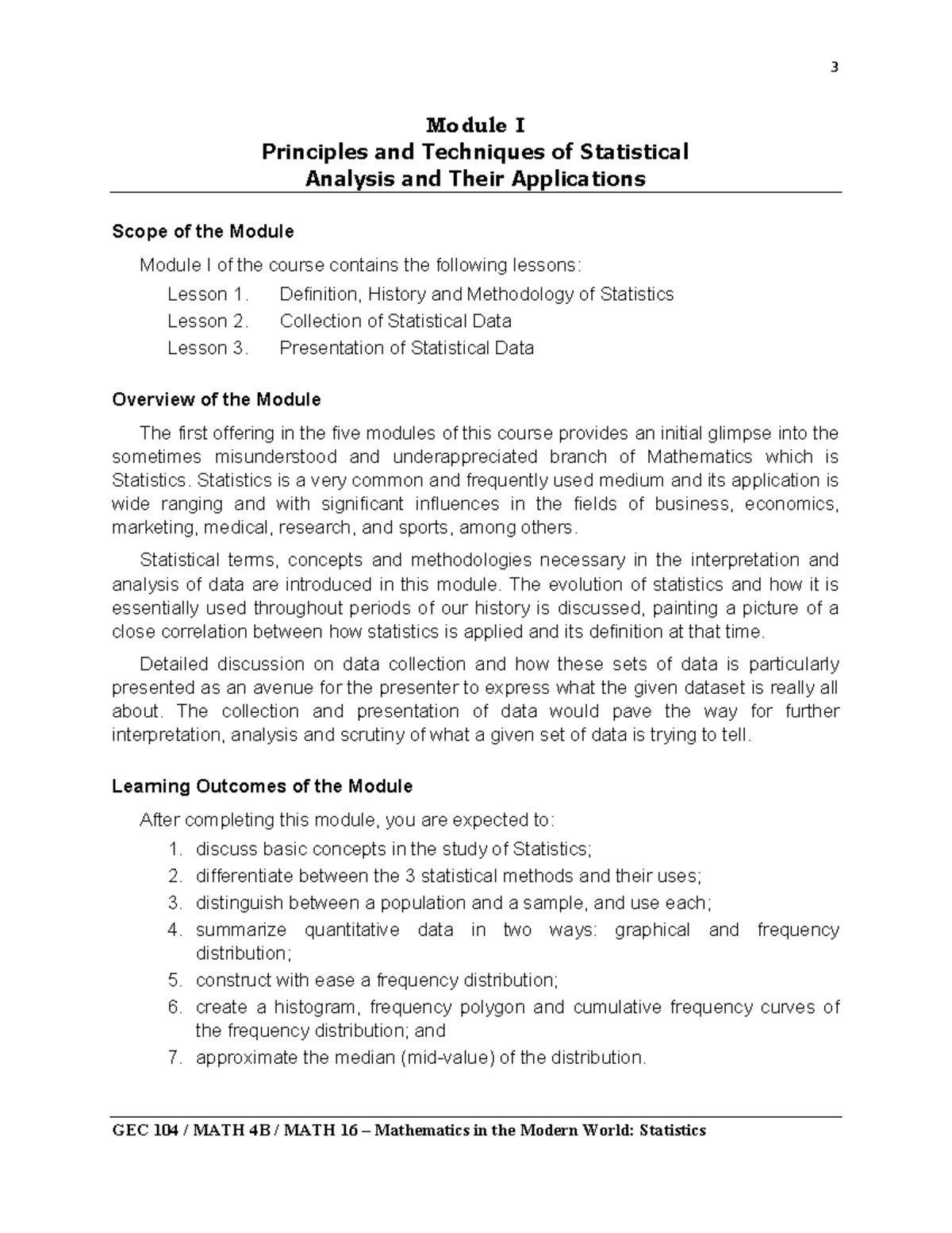 GEC 104 MATH 4B MATH 16 Module I: Principles of Statistical Analysis ...