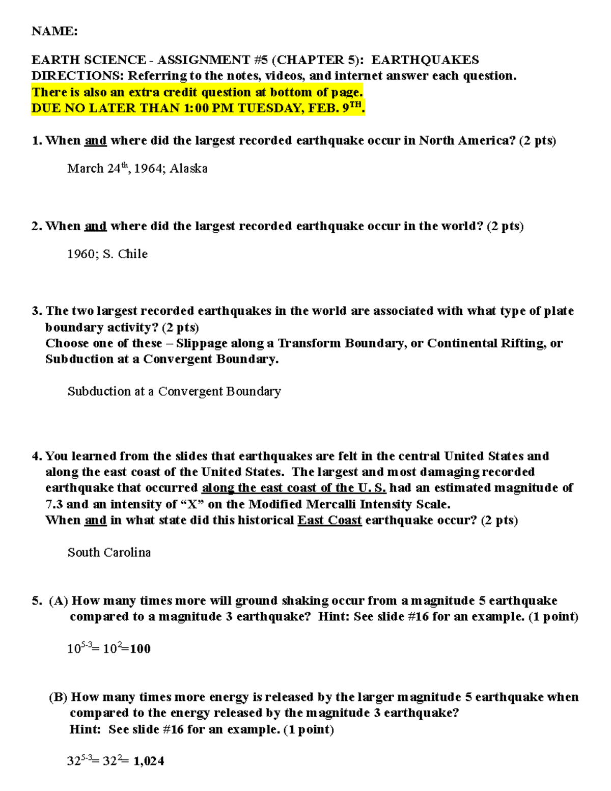 Chapter 5 Pt. 1 Assignment - NAME: EARTH SCIENCE - ASSIGNMENT #5 ...