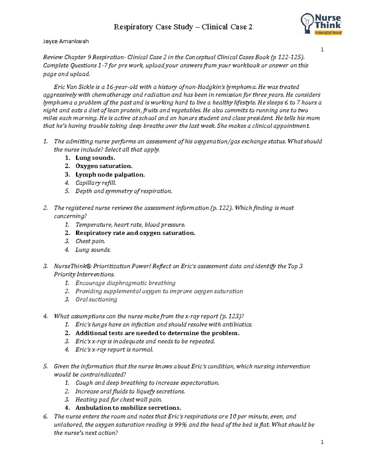 Respiratory Case Study: Clinical Evaluation of a 16-Year-Old (CC 2 ...