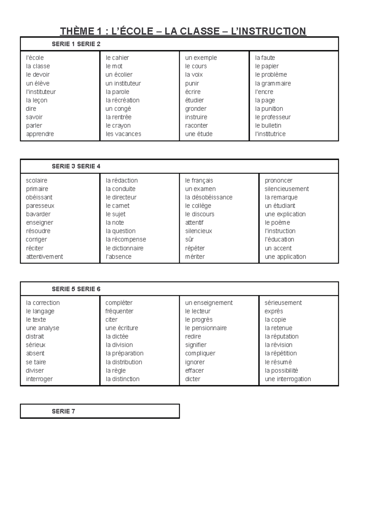 Une liste des vocabulaires français par thème pdf - THÈME 1 : L’ÉCOLE ...