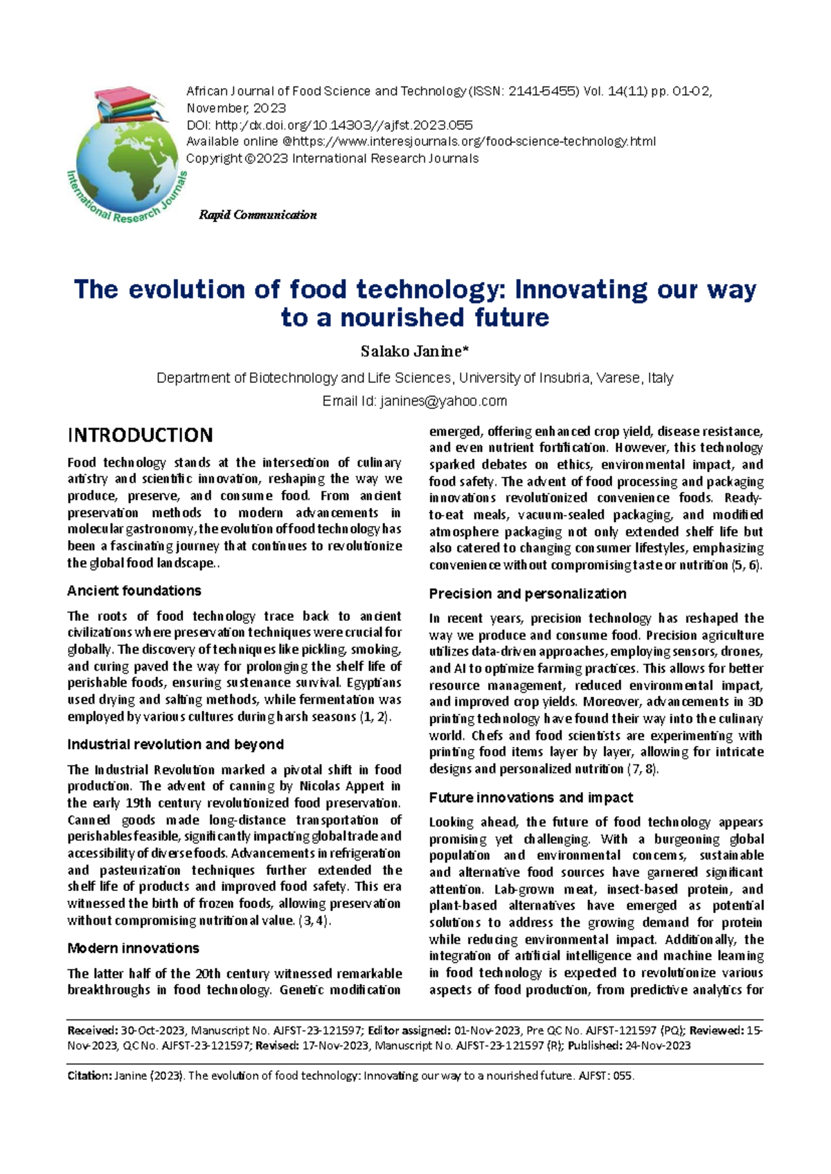 AJFST 14(11): The Evolution of Food Technology for a Nourished Future ...